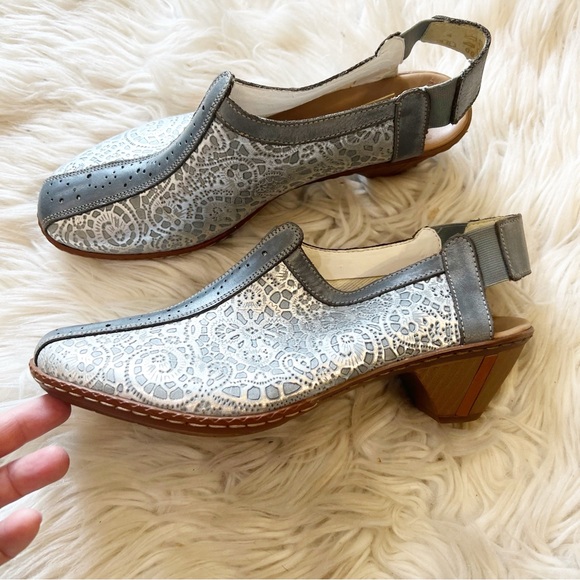 Rieker | Shoes | Rieker Silver Metallic Grayblue Laser Cutout Open Back ...